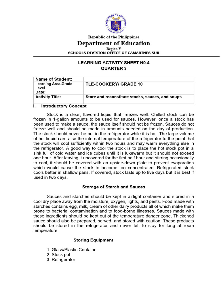 TLE HE Cookery-10 Quarter-3 LAS-4 | PDF | Refrigerator | Soup