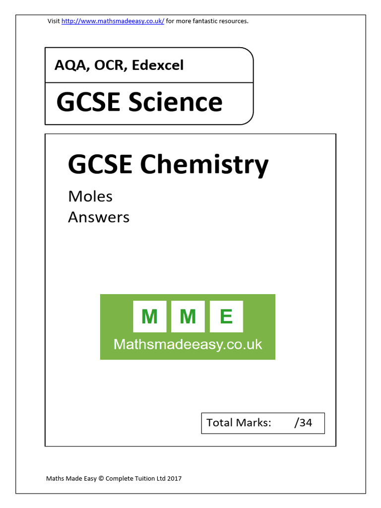 GCSE Moles Questions and Answers | PDF | Mole (Unit) | Chemistry