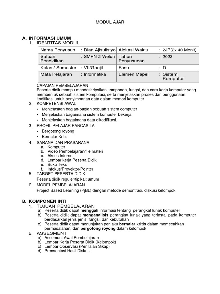 Modul Ajar Informatika - Sistem Komputer - Fase D | PDF