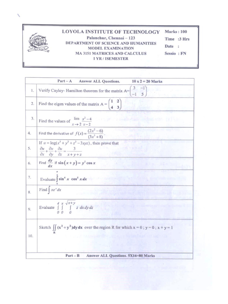 MA3151 Matrices and Calculus | PDF