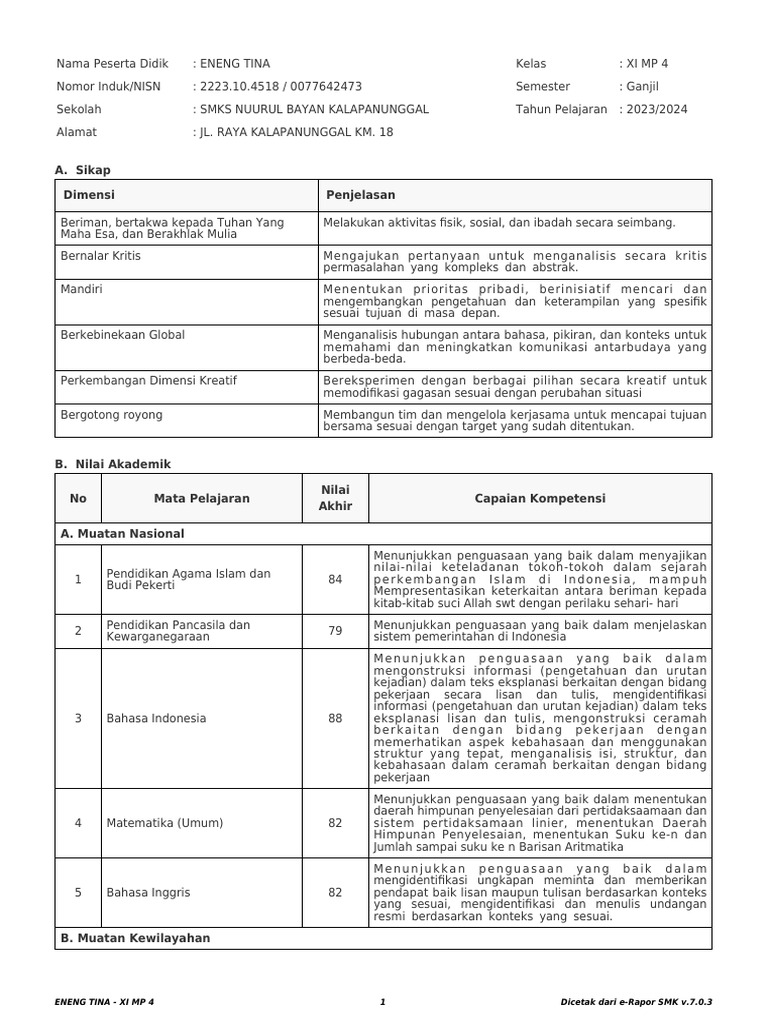 Rapor Eneng Tina - Xi MP 4 | PDF