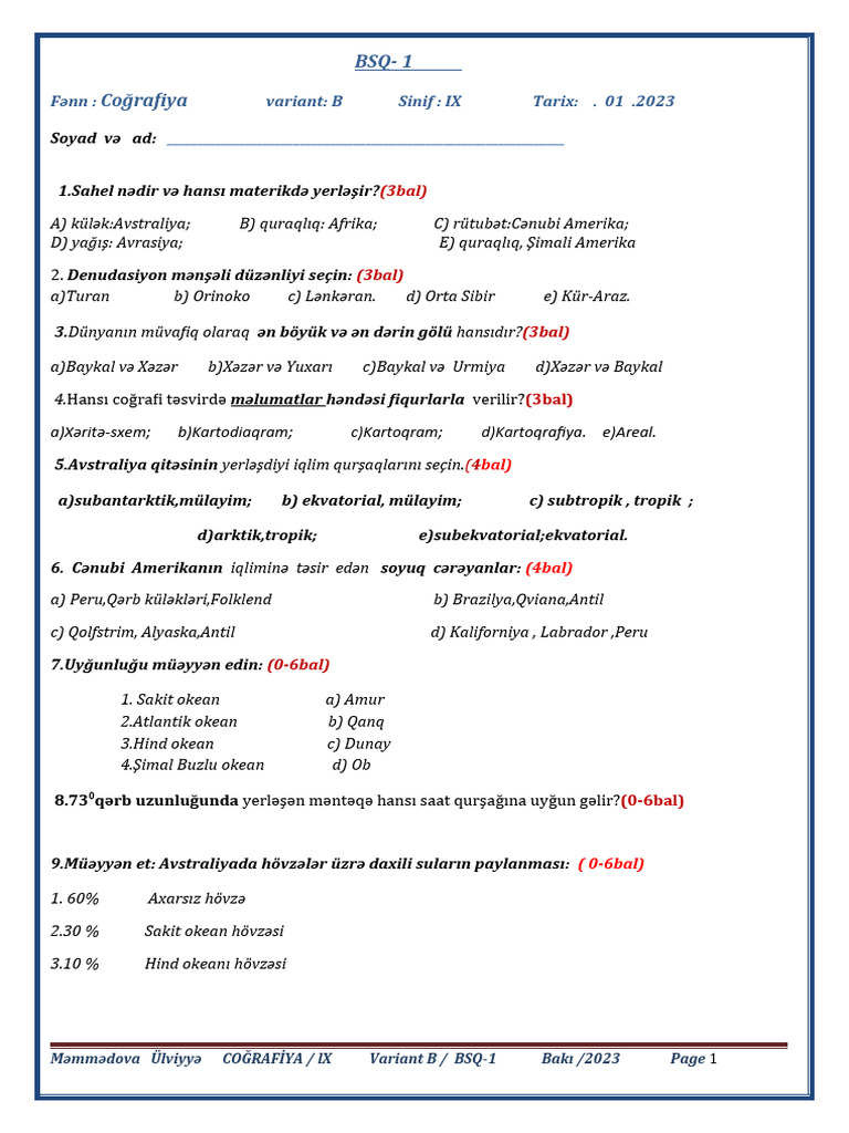 BSQ-1 COĞRAFİYA 9cu Sinif | PDF