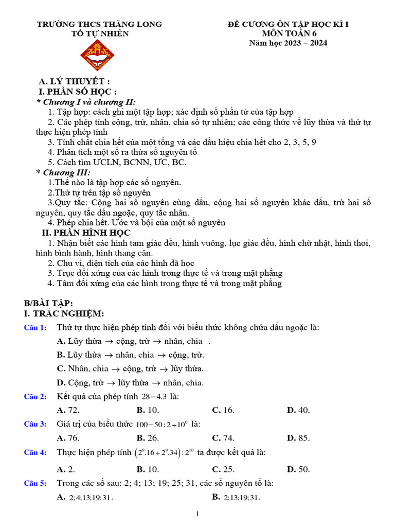 De Cuong Hoc Ki 1 Toan 6 Nam 2023 2024 Truong Thcs Thang Long Ha Noi | PDF