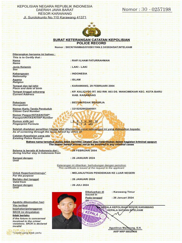 SKCK Rafi Ilham Polres Karawang | PDF