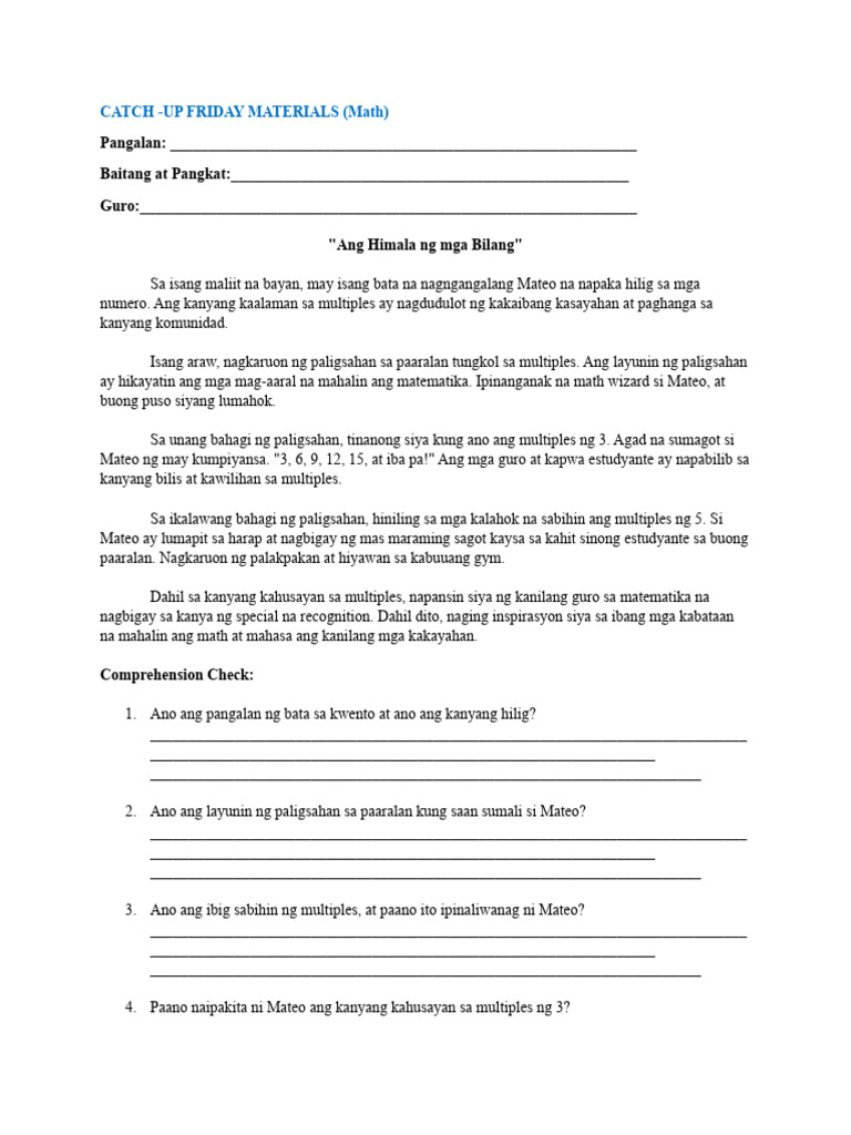 CATCH - UP FRIDAY MATERIALS (Math) | PDF
