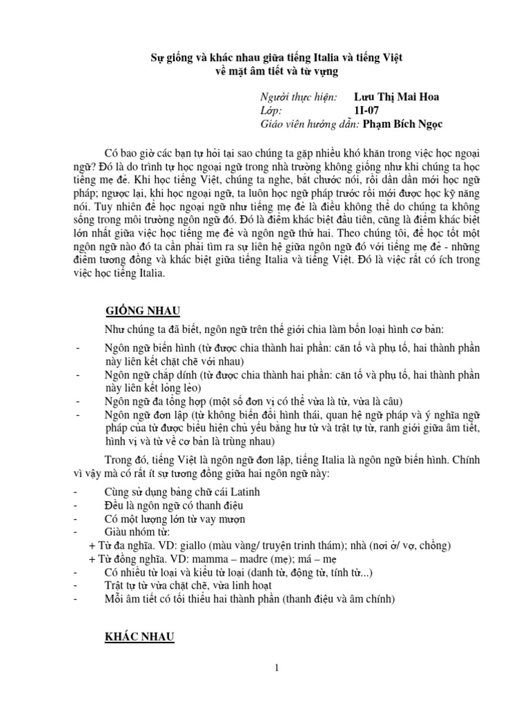 Su Giong Va Khac Nhau Giua Tieng Italia Va Tieng Viet Ve Mat Am Tiet Va ...