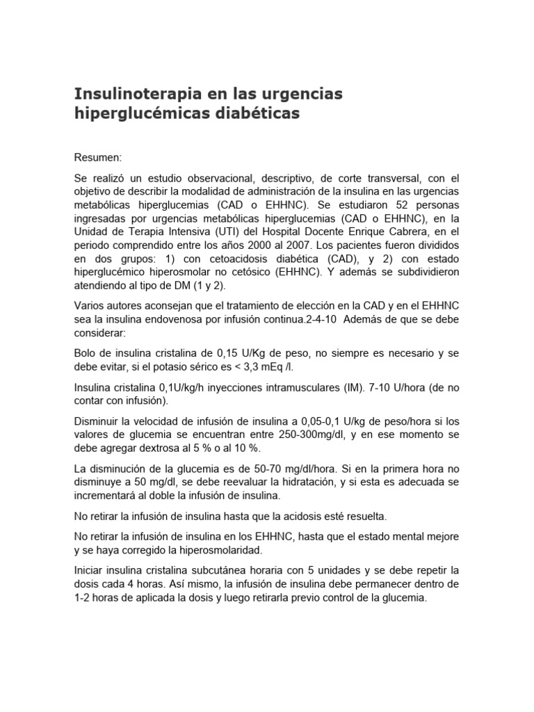 Insulinoterapia en Las Urgencias Hiperglucémicas Diabéticas Resumen | PDF