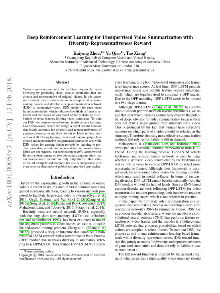 Deep Reinforcement Learning For Unsupervised Video Summarization WithDiversity ...