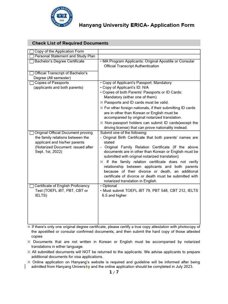 Hanyang University Application Form | PDF | Identity Document | Notary ...
