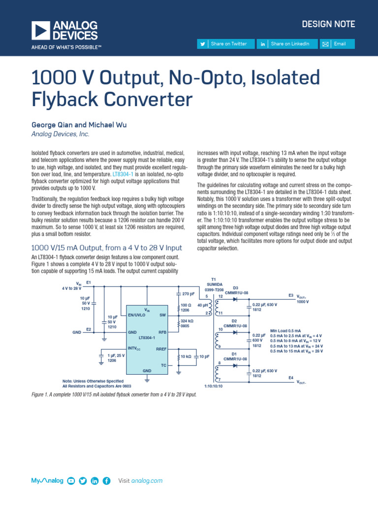 1000 V Output No Opto Isolated Flyback Converter | PDF | Analog Devices | Power Supply