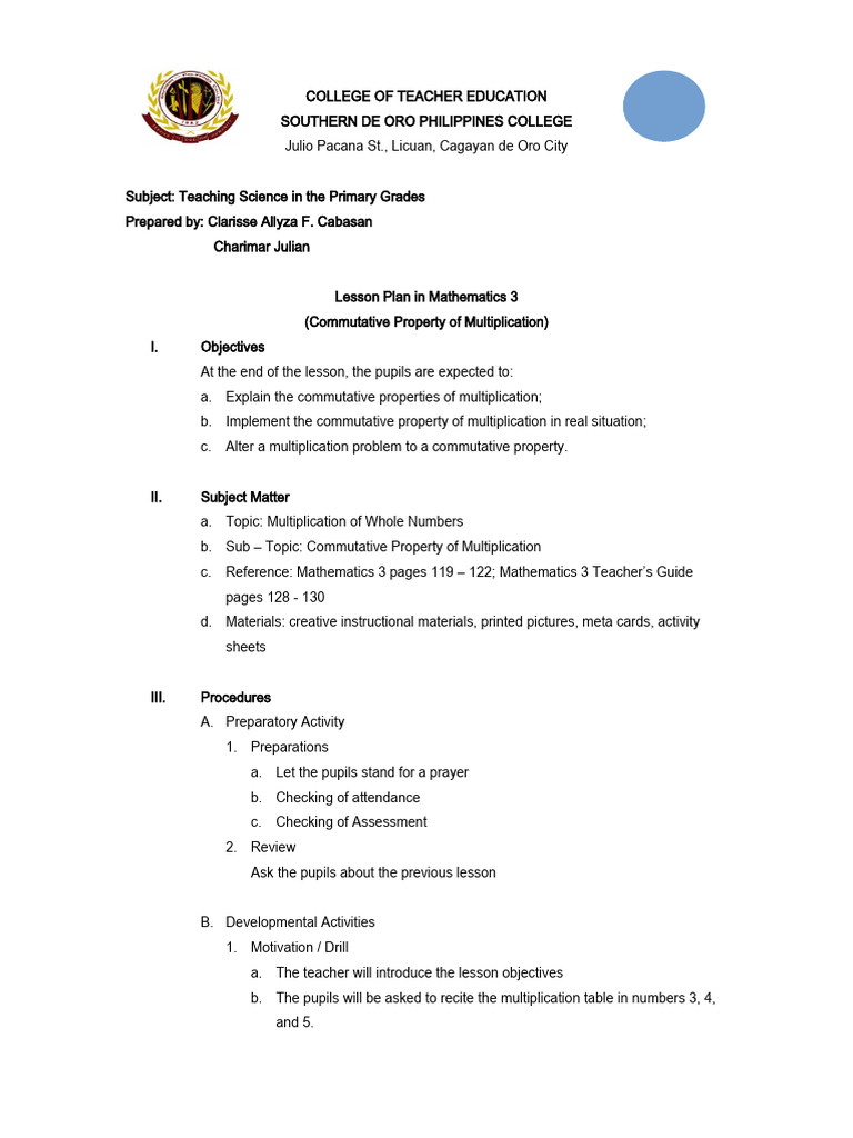 Lesson Plan in Math 3 SD | PDF | Multiplication | Mathematics
