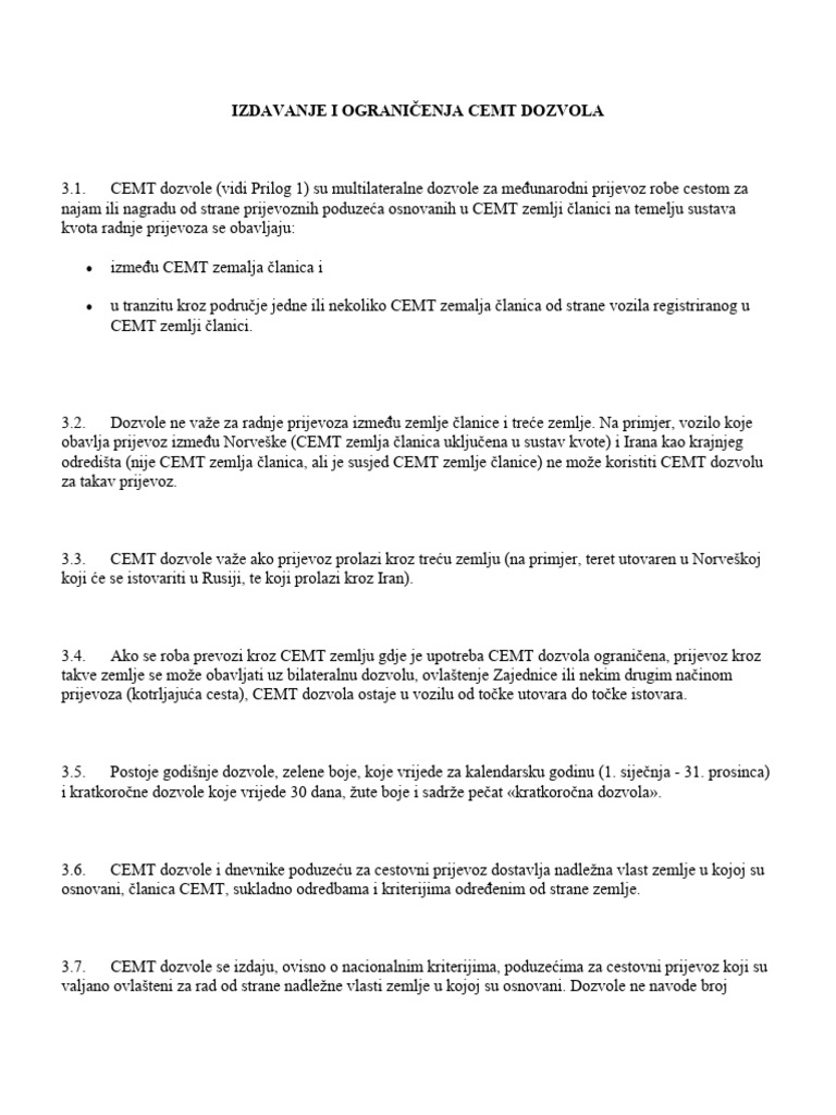 Izdavanje I Ogranicenja Cemt Dozvola | PDF