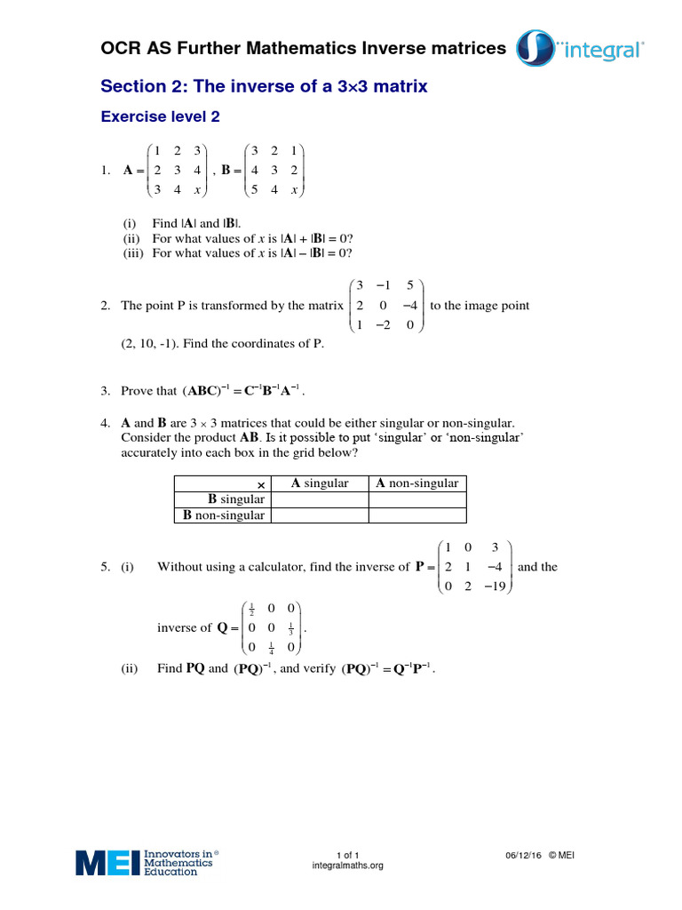 Inverse Matrices in Further Maths | PDF