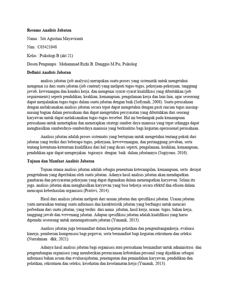 Resume Analisis Jabatan Siti Agustina | PDF