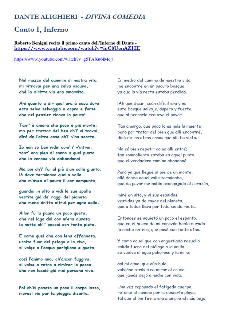 DANTE ALIGHIERI - DIVINA COMEDIA (Canto I, Inferno) | PDF | Divina Comedia