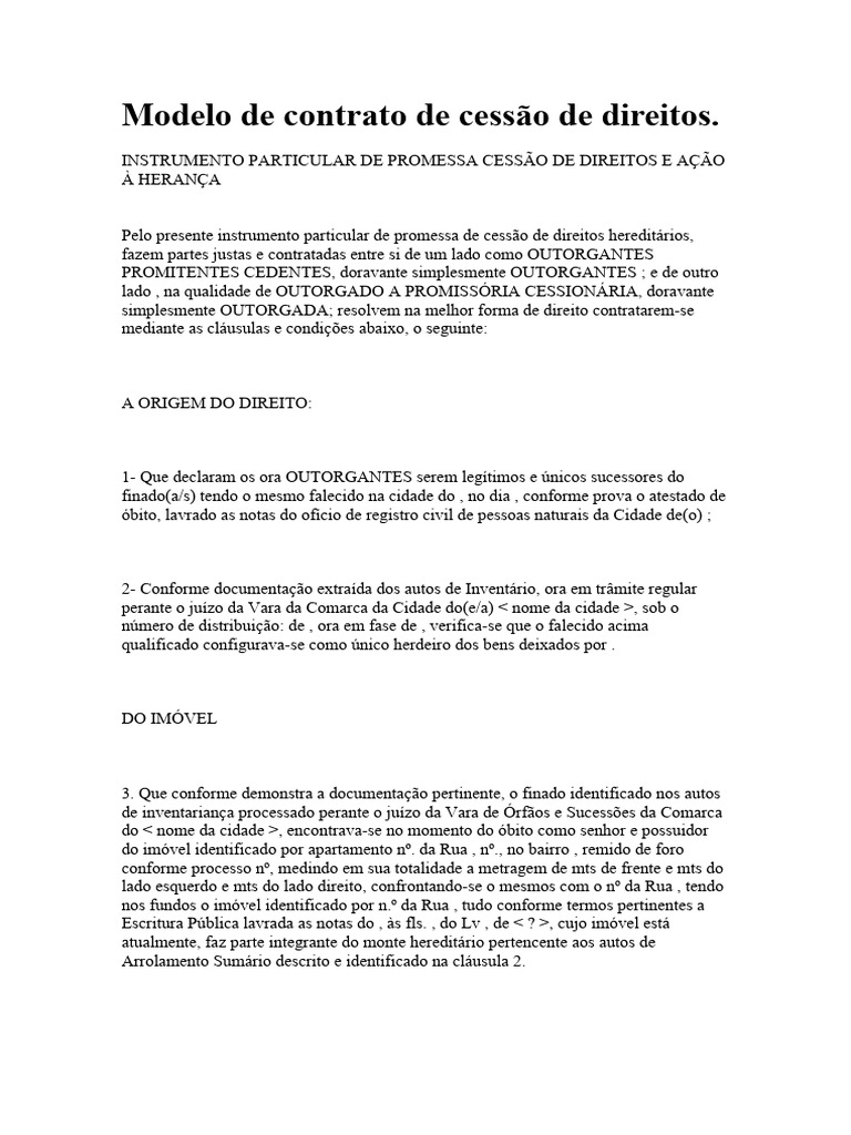 Modelo De Contrato De Cessão De Direitos Pdf Impostos Cheque Banco