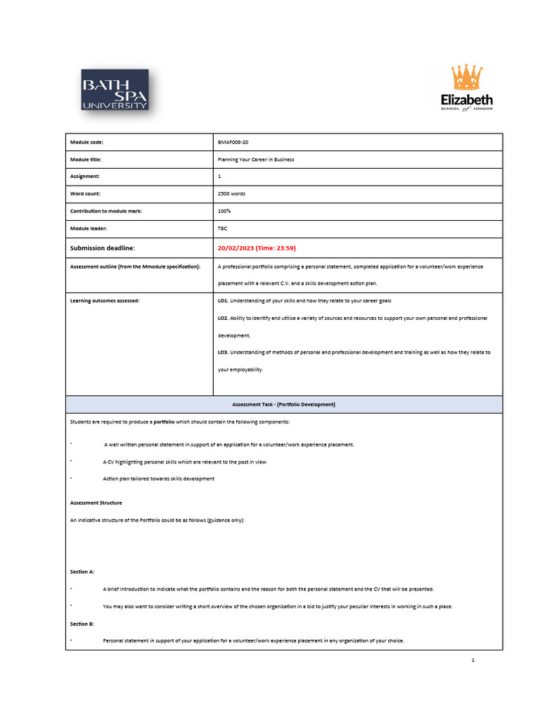 Assessment Brief - Planning Your Career in Business (V-3) | PDF | Concept | Grammar