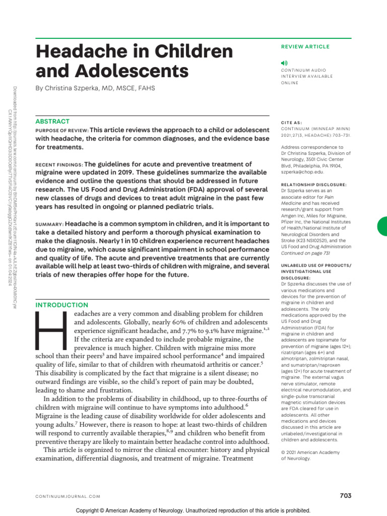 Managing Headaches in Kids and Teens | PDF | Migraine | Headache