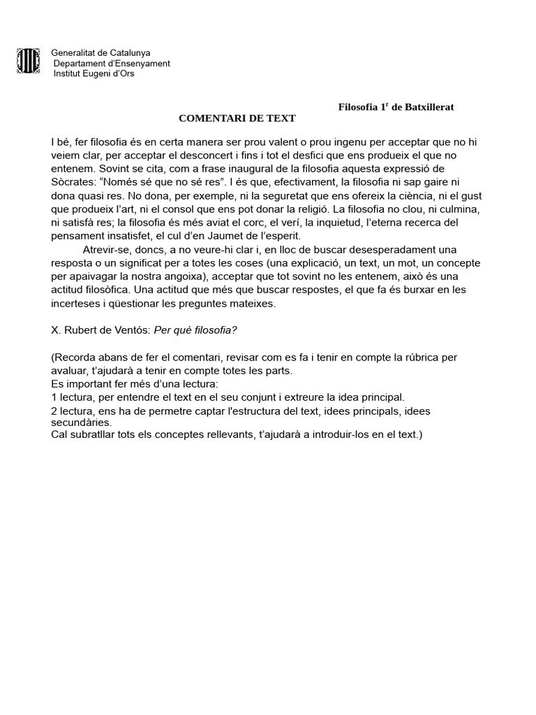 Comentari de Text. Per Quã Filosofar. Rubert de VentÃ S | PDF