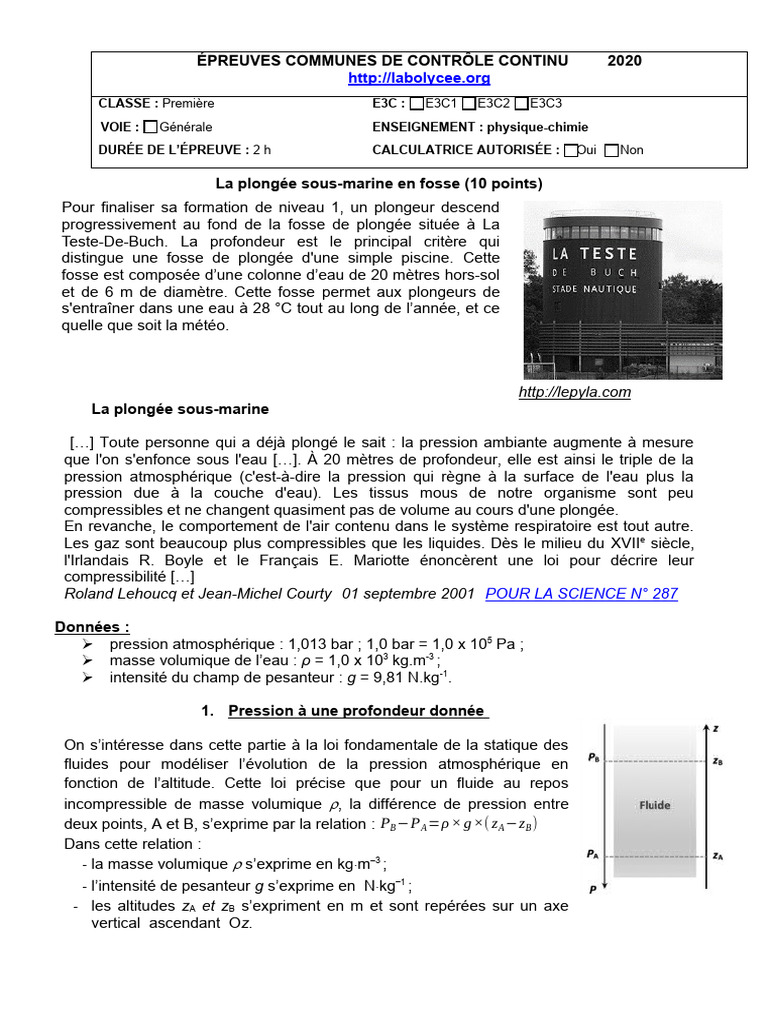 PC Gene Sujet 004 Exo1 Phy Plongee | PDF