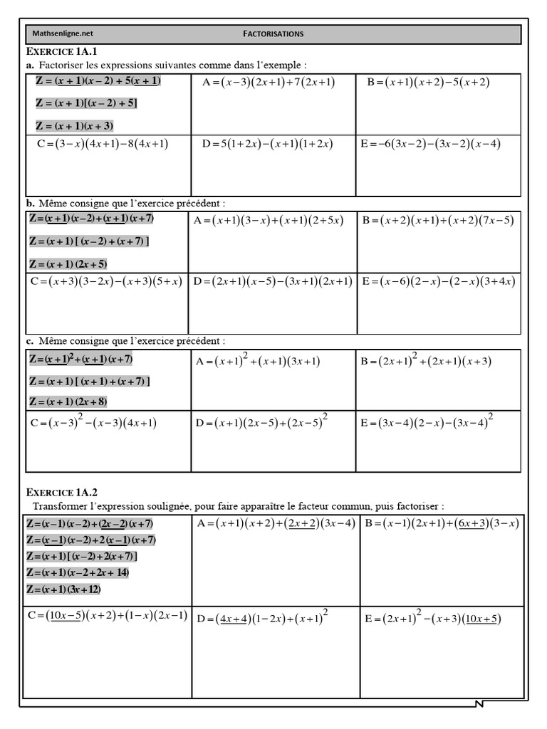 Exercices de Factorisation en Mathématiques | PDF