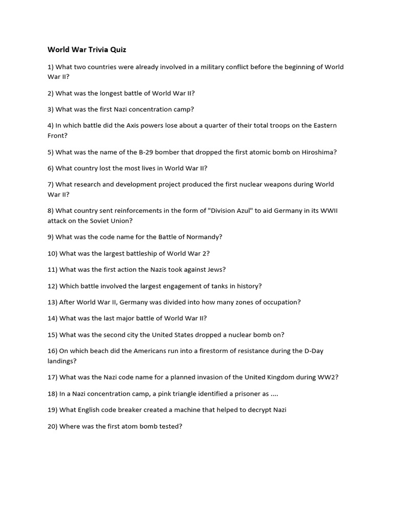 World War Trivia Questions and Answers | PDF | History