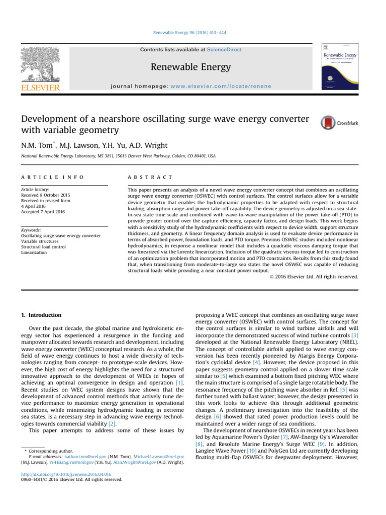 Development of A Nearshore Oscillating Surge Wave Energy Converter With Variable Geometry | PDF ...