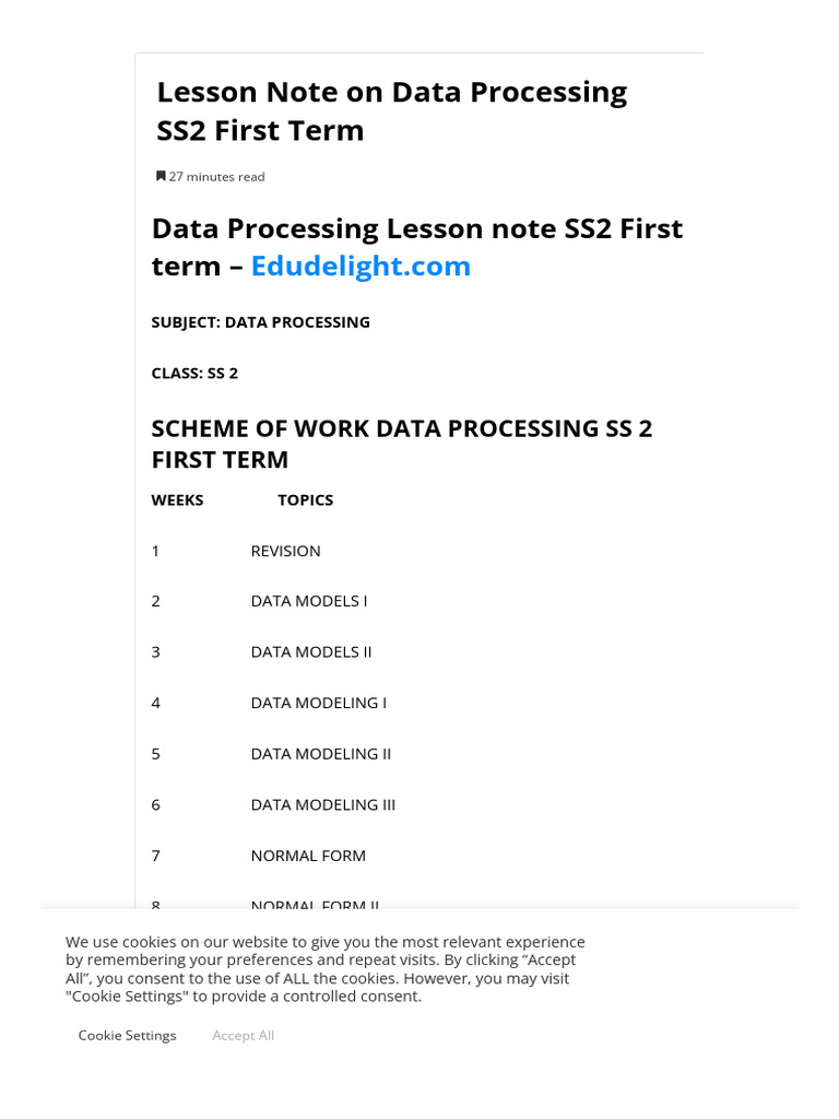 Lesson Note On Data Processing SS2 First Term | PDF | Data Model | Conceptual Model