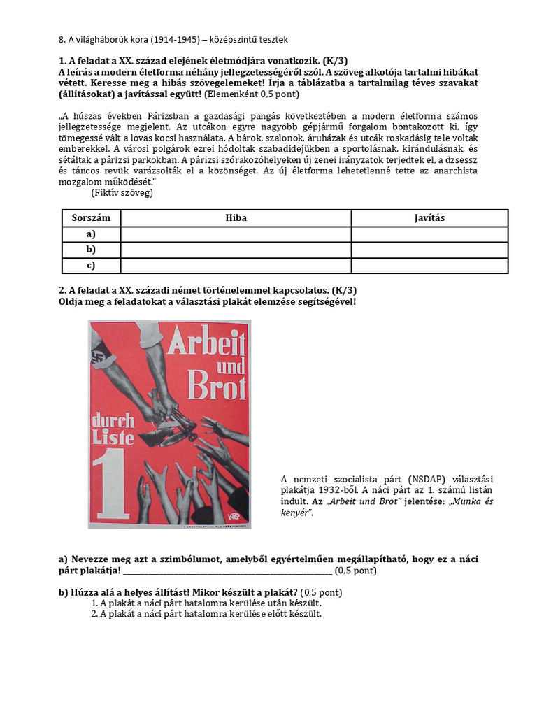 Középszintű Érettségi Feladatok II. Világháború | PDF