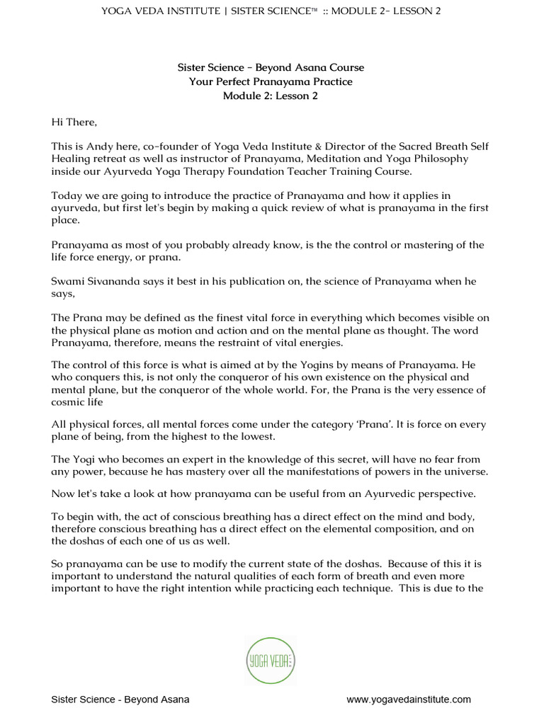 Sister Science Pranayama in Ayurveda TRANSCRIPT | PDF | Prana | Ayurveda