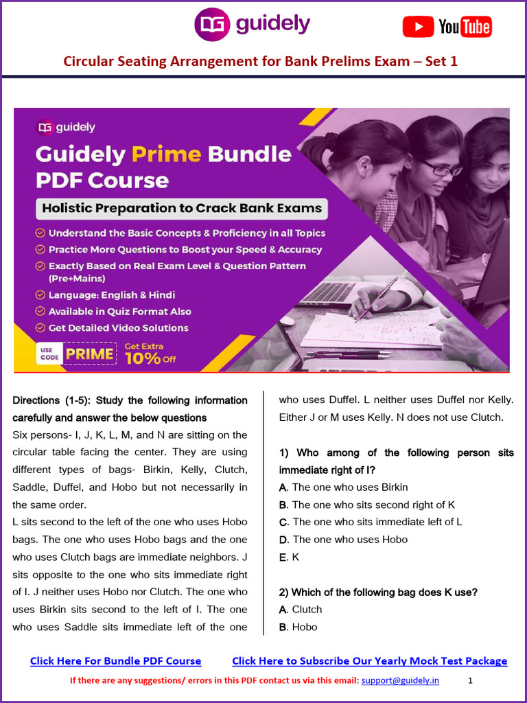 Circular Seating Arrangement Free PDF For Bank Prelims Exam Set 1 English Version | PDF