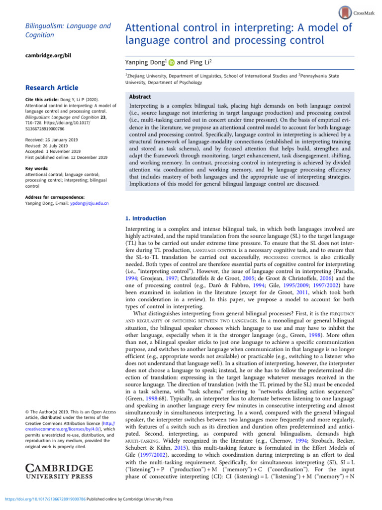 Attentional Control in Interpreting A Model of Language Control and Processing Control | PDF ...