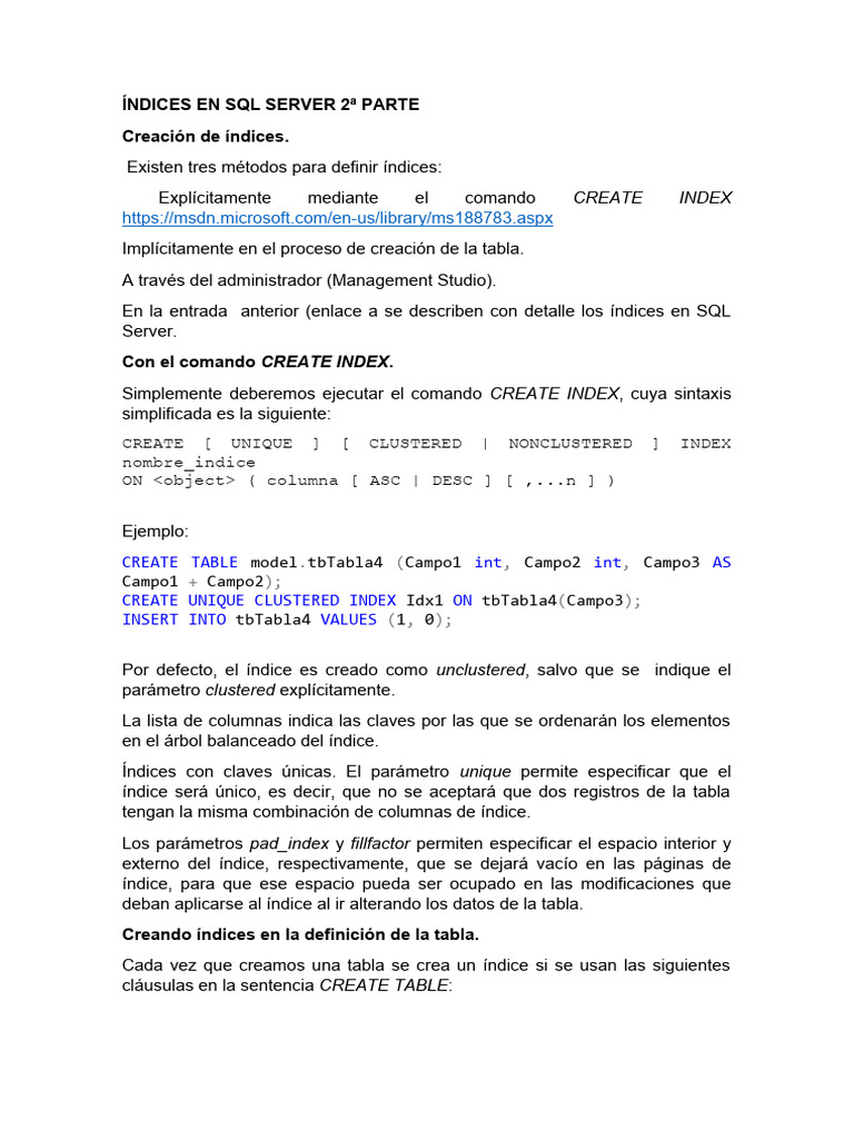 Indices en SQL SERVER (2 Parte) | PDF | SQL | Servidor SQL de Microsoft