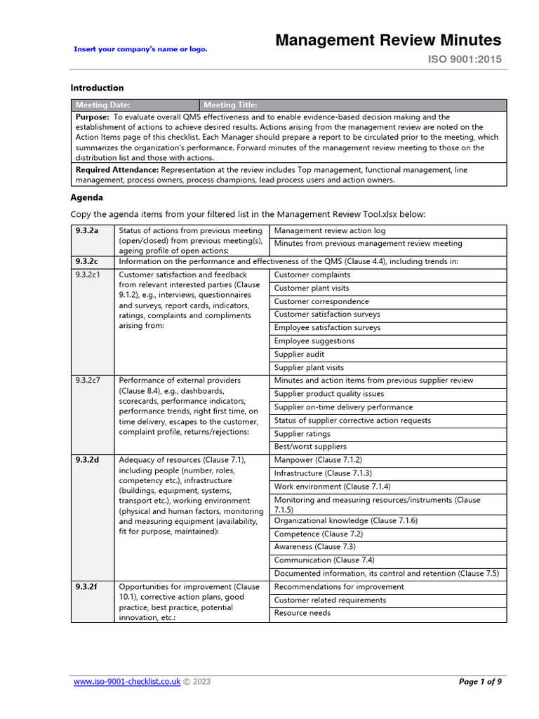 ISO 9001:2015 Management Review Minutes | PDF | Iso 9000 | Quality ...
