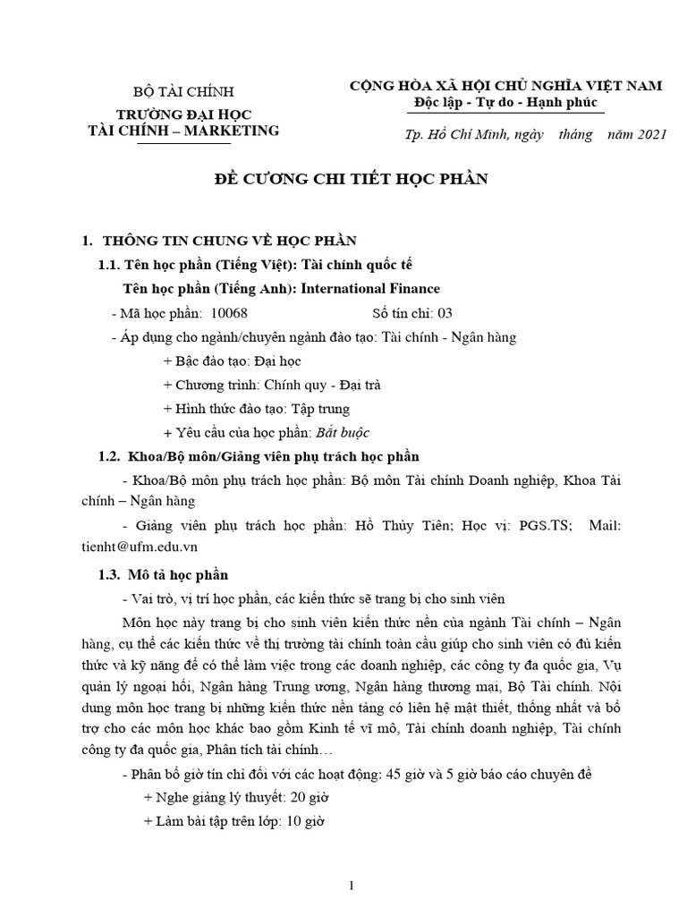 De Cuong Chi Tiet HP Tai Chinh Quoc Te - Dai Tra - 2021 | PDF