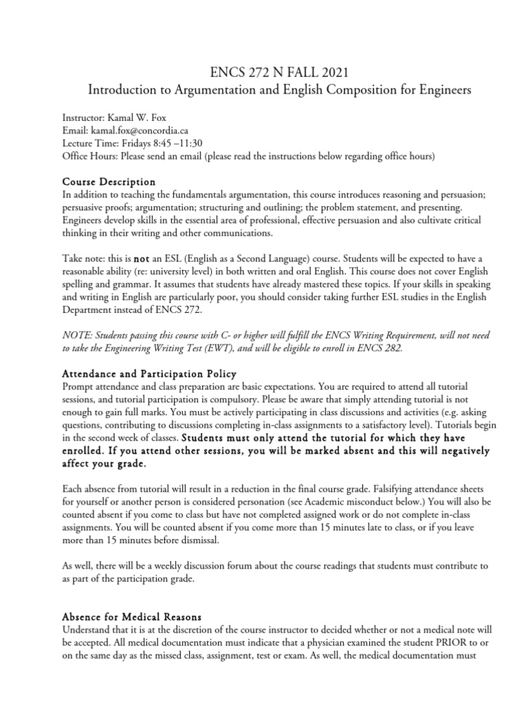 ENCS 272 N Syllabus Fall 2021 | PDF | Plagiarism | English As A Second ...