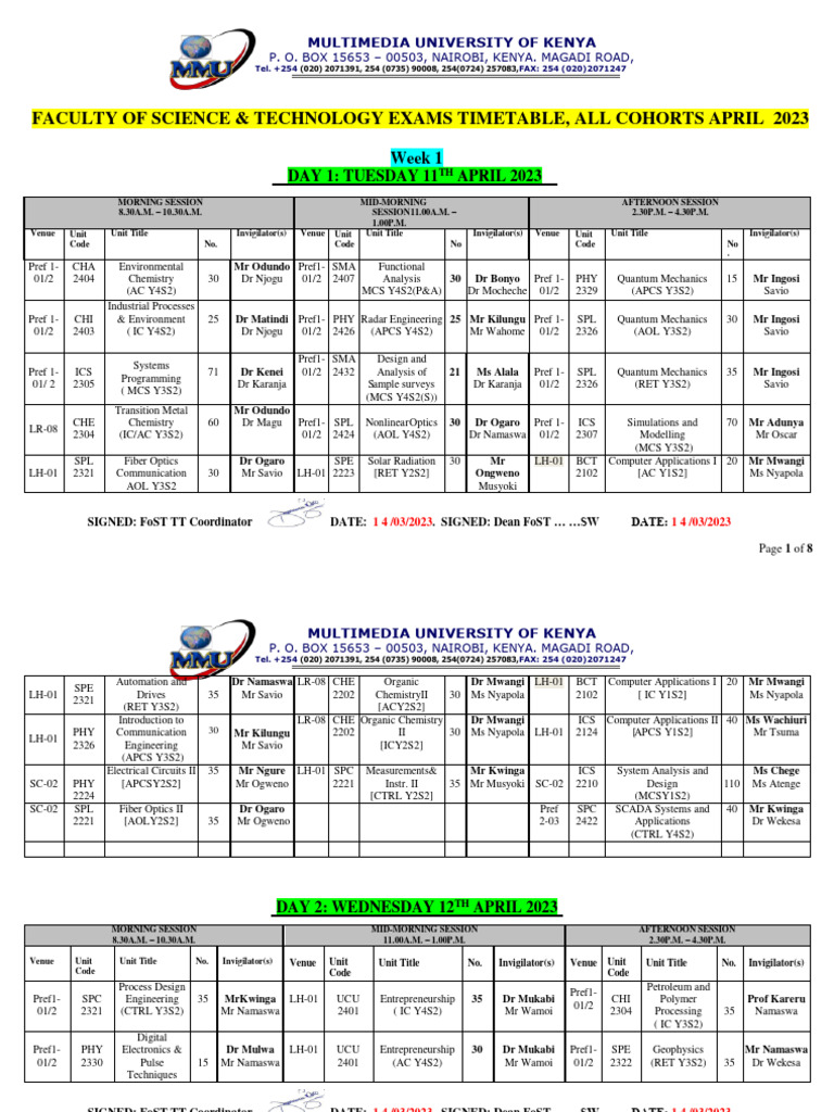 April 2023 FoST Exam Timetable | PDF | Physical Sciences