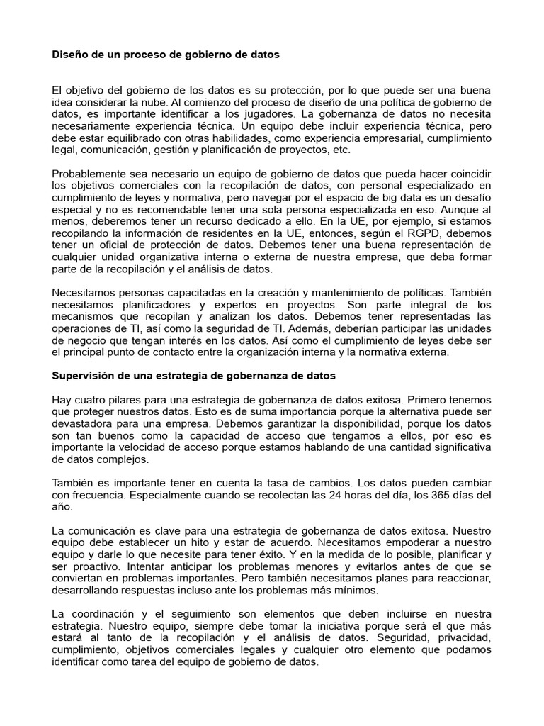 Diseño de un proceso de gobierno de datos | PDF | Informática