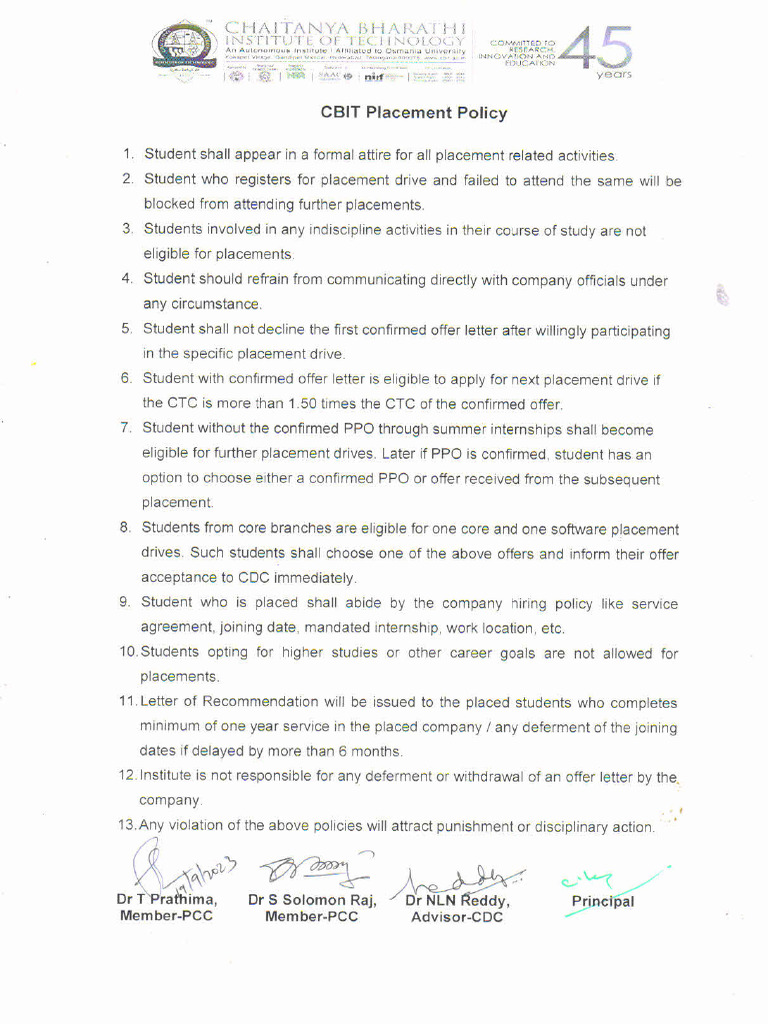 CBIT Placement Policy | PDF