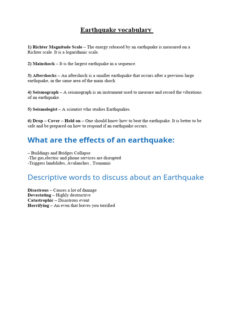 Earthquake Vocabulary | PDF