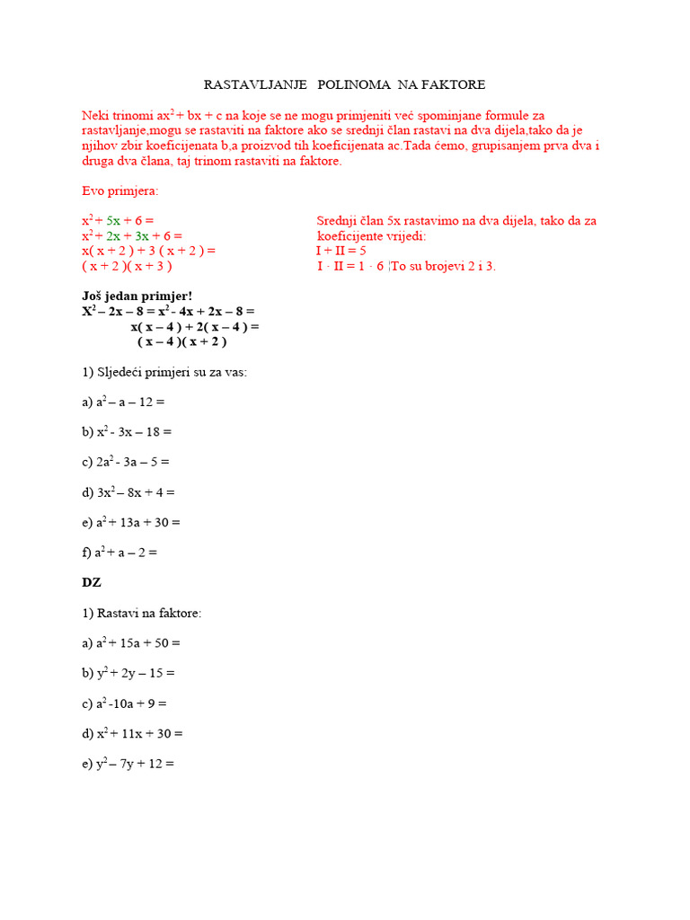 RASTAVLJANJE POLINOMA NA FAKTORE-priprema (Sred - Član) | PDF