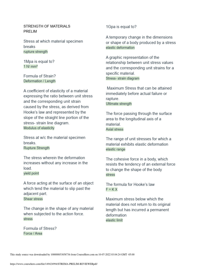 Strema Prelim Reviewer PDF | PDF | Stress (Mechanics) | Elasticity (Physics)