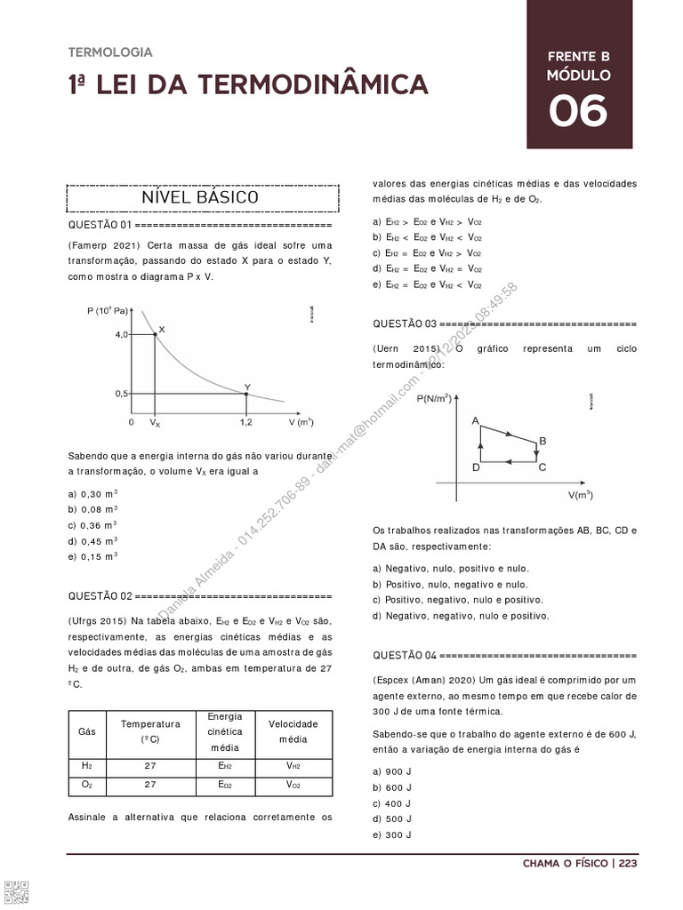1lei Termodinâmica - Exercícios | Download grátis PDF | Termodinâmica | Gases