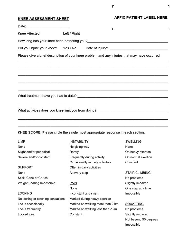 Comprehensive Knee Assessment Form | PDF