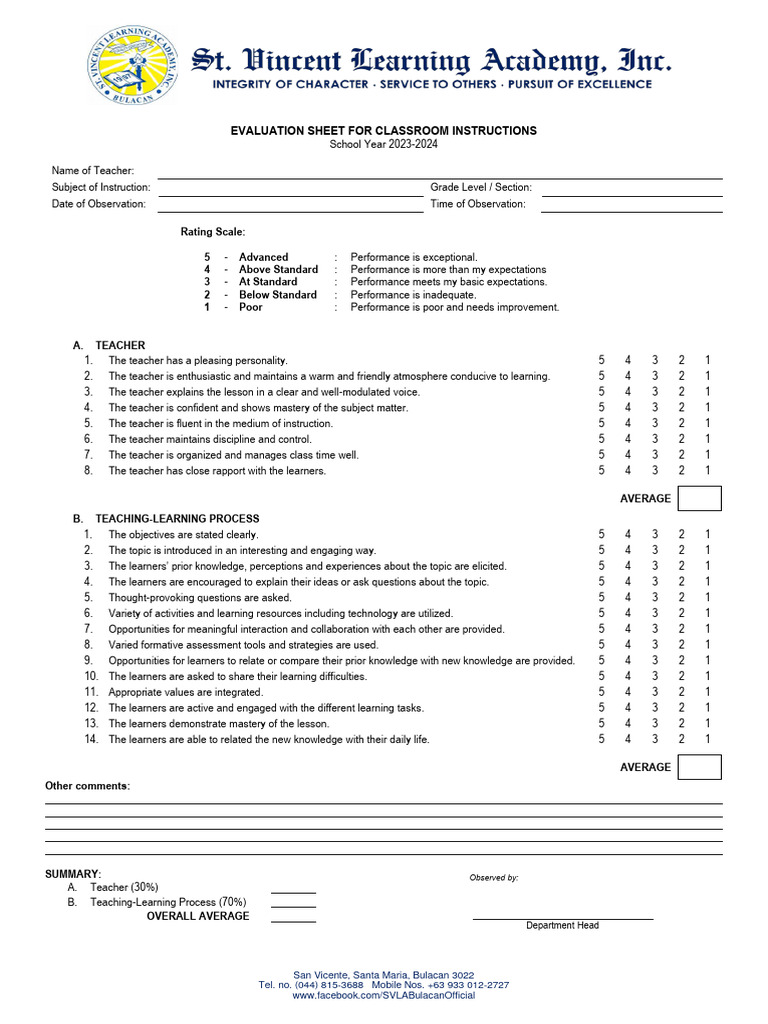 Classroom Observation Evaluation Sheet | PDF | Teachers | Learning