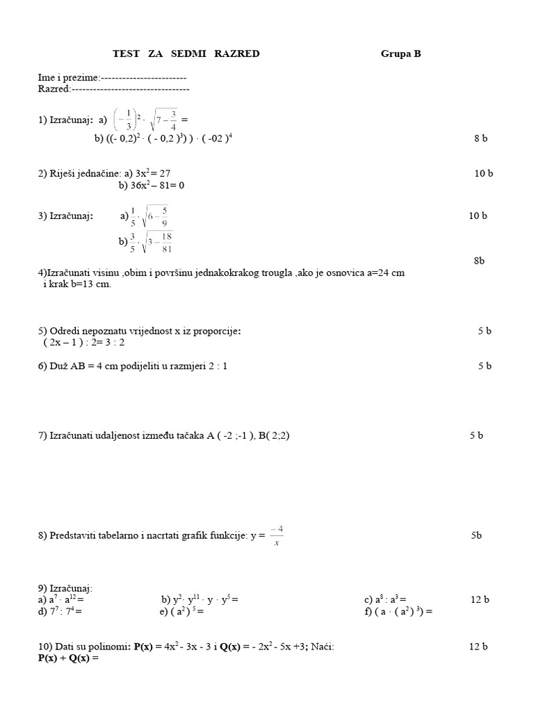 Završni Test Za Sedmi Razred-Grupa B | PDF