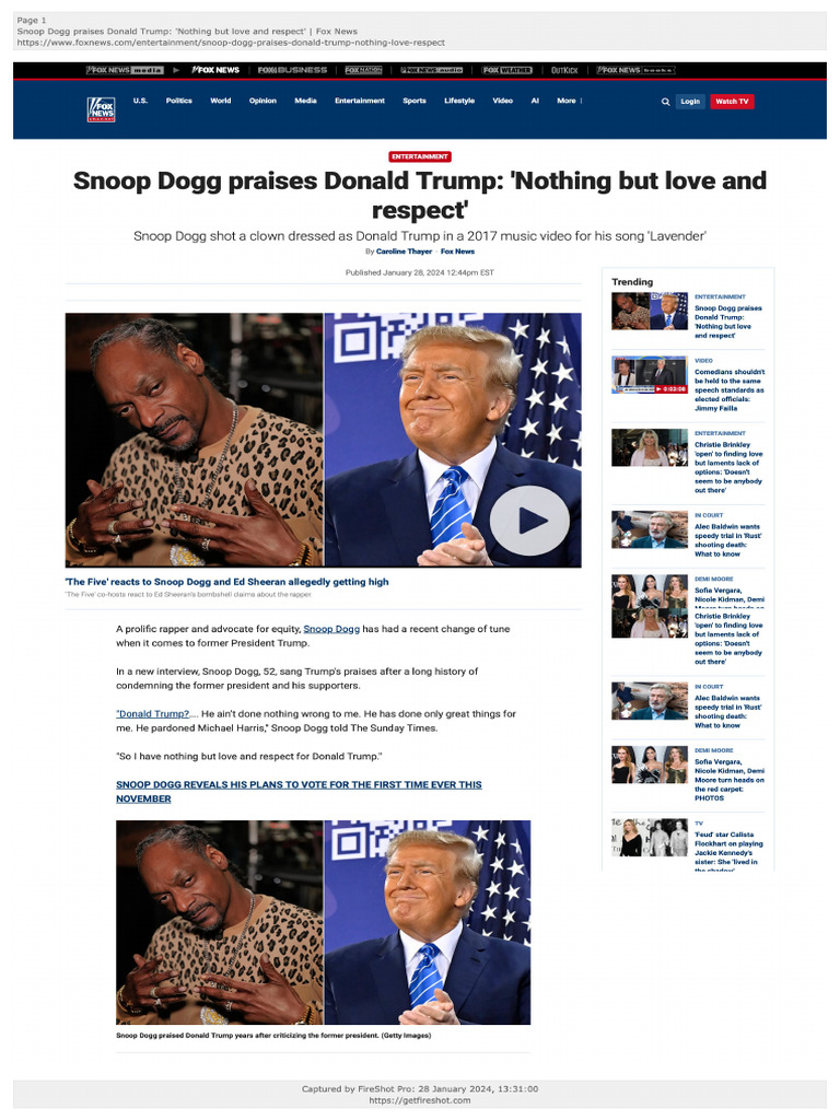Snoop Dogg Praises Donald Trump - 'Nothing But Love and Respect' - Fox | PDF