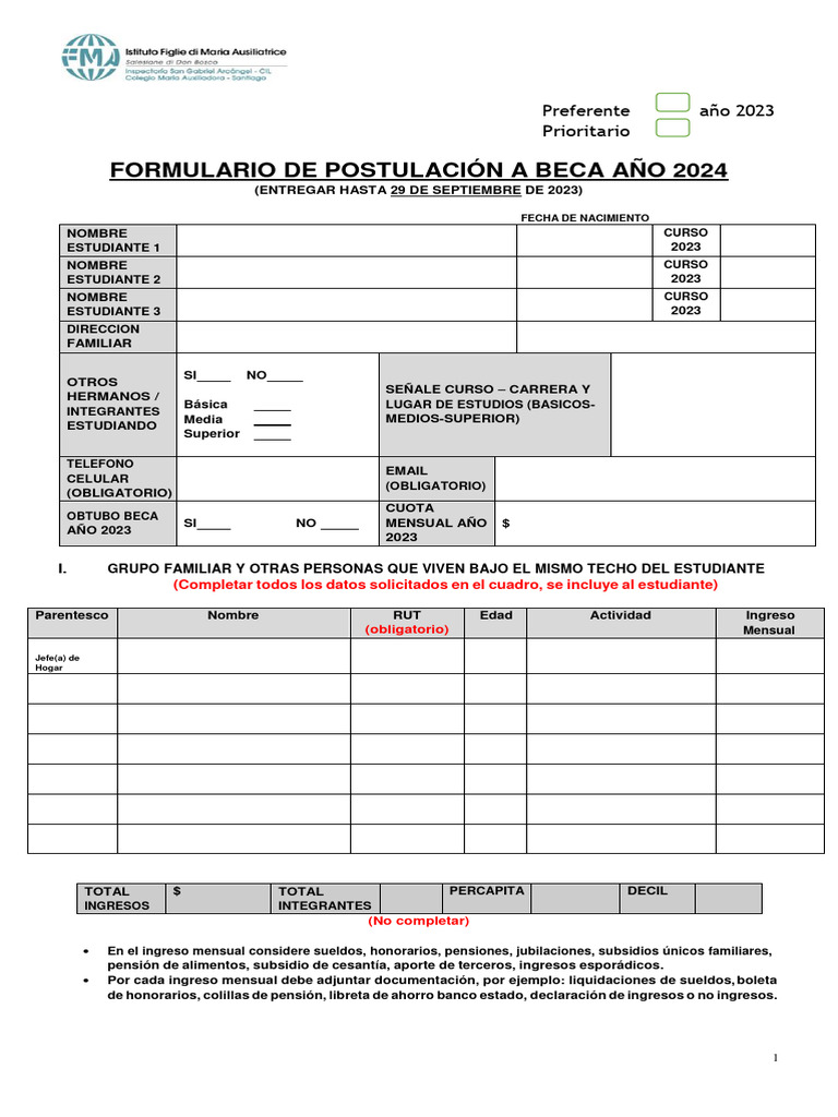 Formulario de Postulacion Becas 2024-1 | PDF