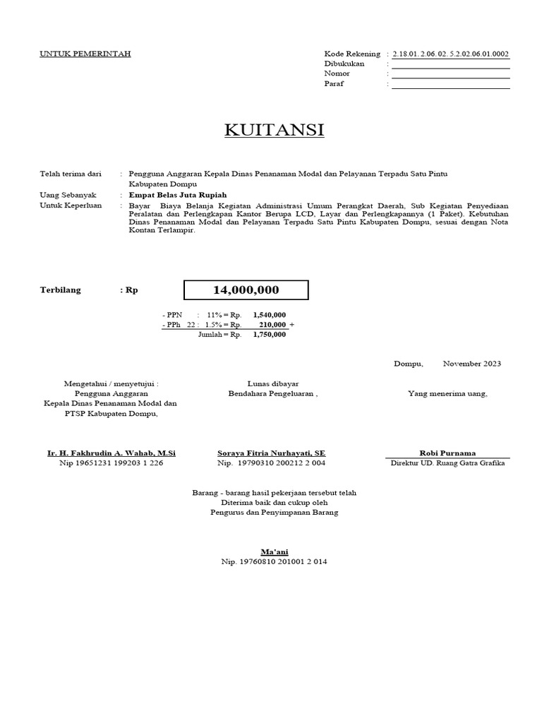 Kuitansi Pembayaran Dinas Dompu | PDF