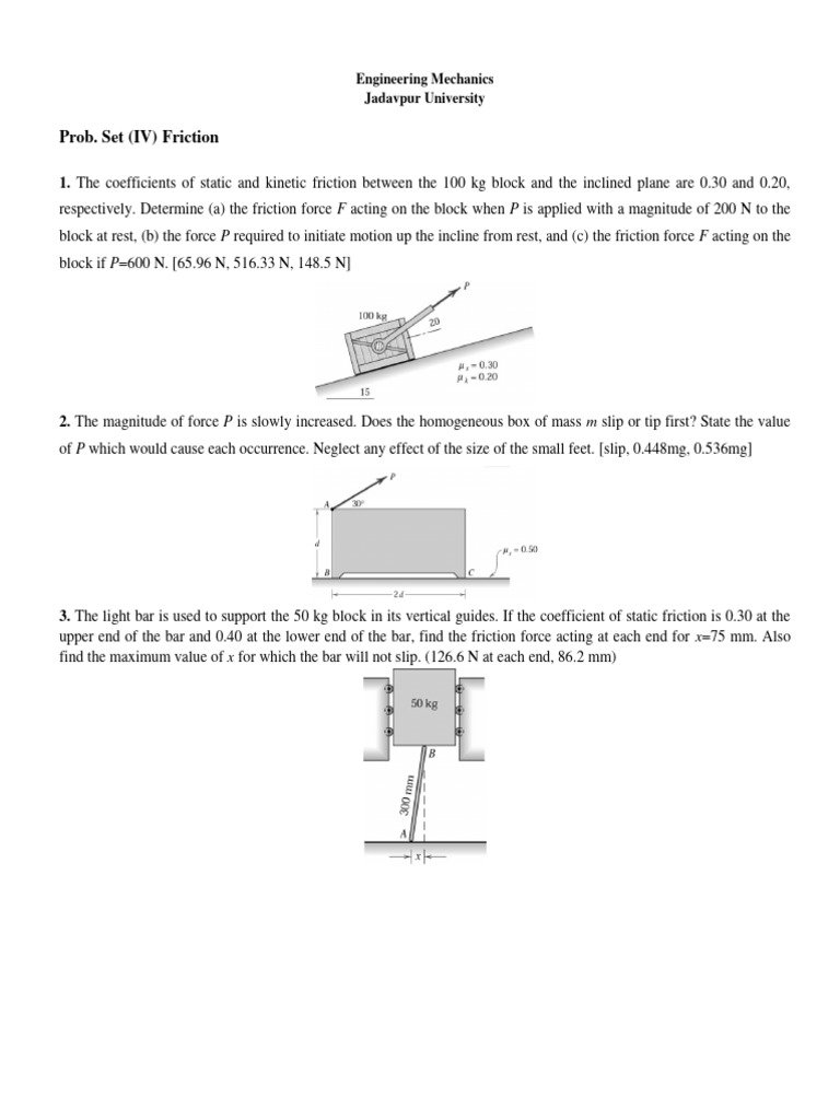 EMech Prob Set IV Friction | PDF | Friction | Force